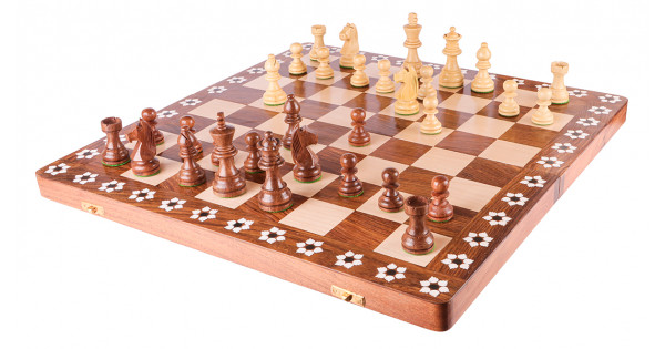 Inlaid Chess Board with Men 18 Inch Sheesham Wood